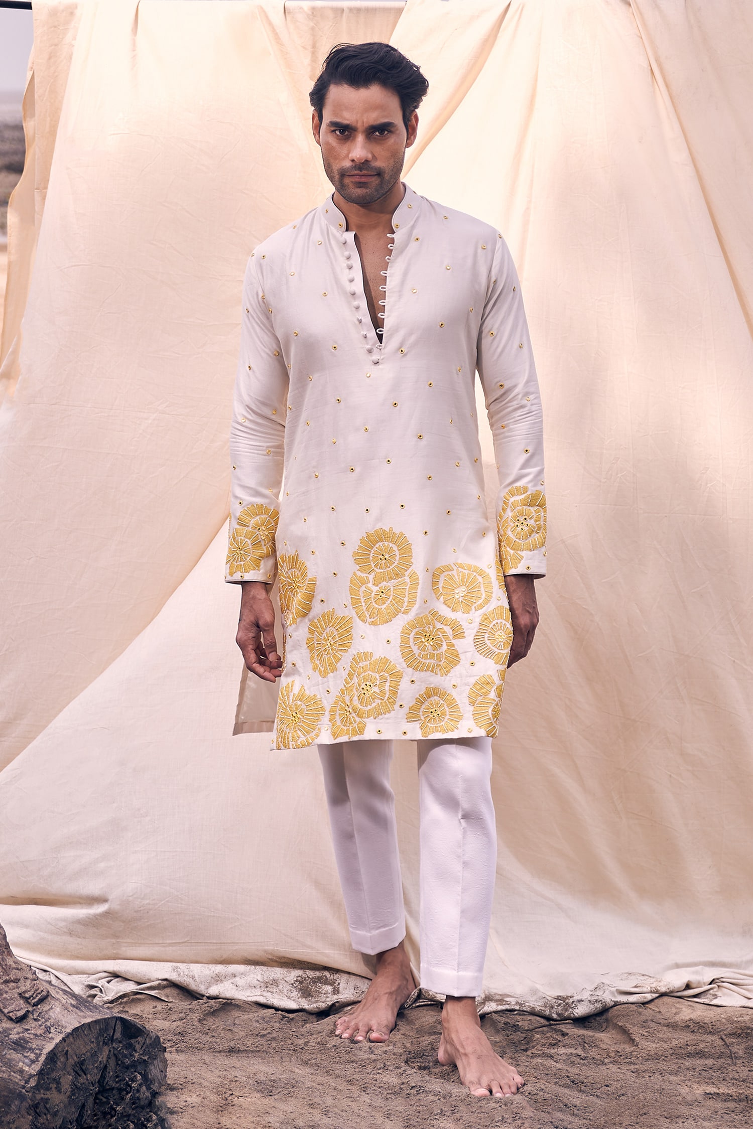 Buy Ivory Chanderi Silk Embroidery Floral Applique Kurta Set For Men by ...