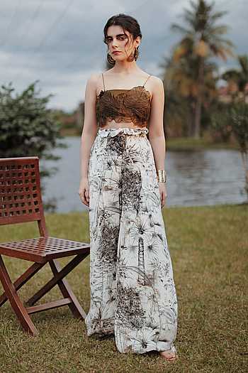 Buy Black Satin Printed Forest Halter Flared Pant With Applique Crop ...