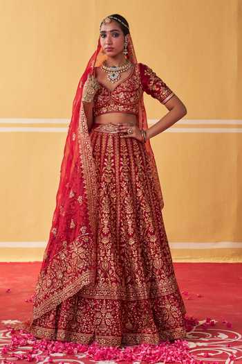 Buy Red Lehenga And Blouse Chanderi Silk Floral Stripe Pattern Set For ...