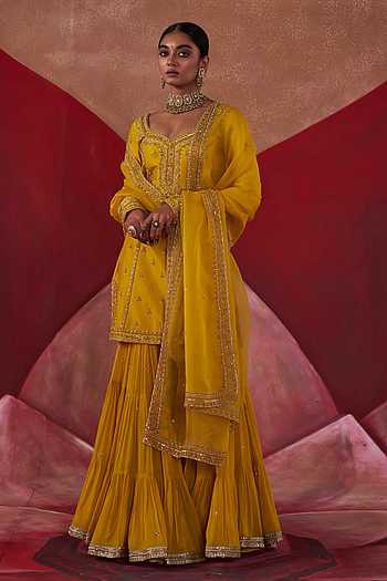 Buy Yellow Kurta And Gharara Chanderi Hand Embroidered Dori Leaf Neck ...