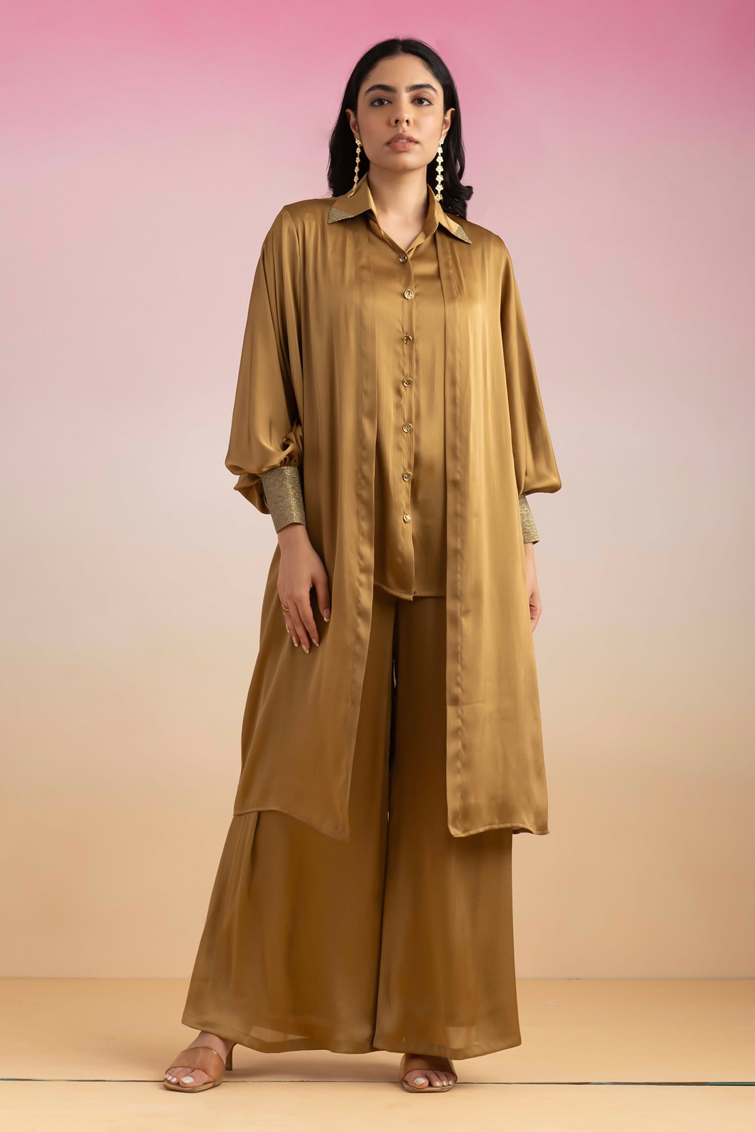 Buy Gold Chiffon Embroidery Cutdana Shrug Kajal Cuff Flared Pant Set ...