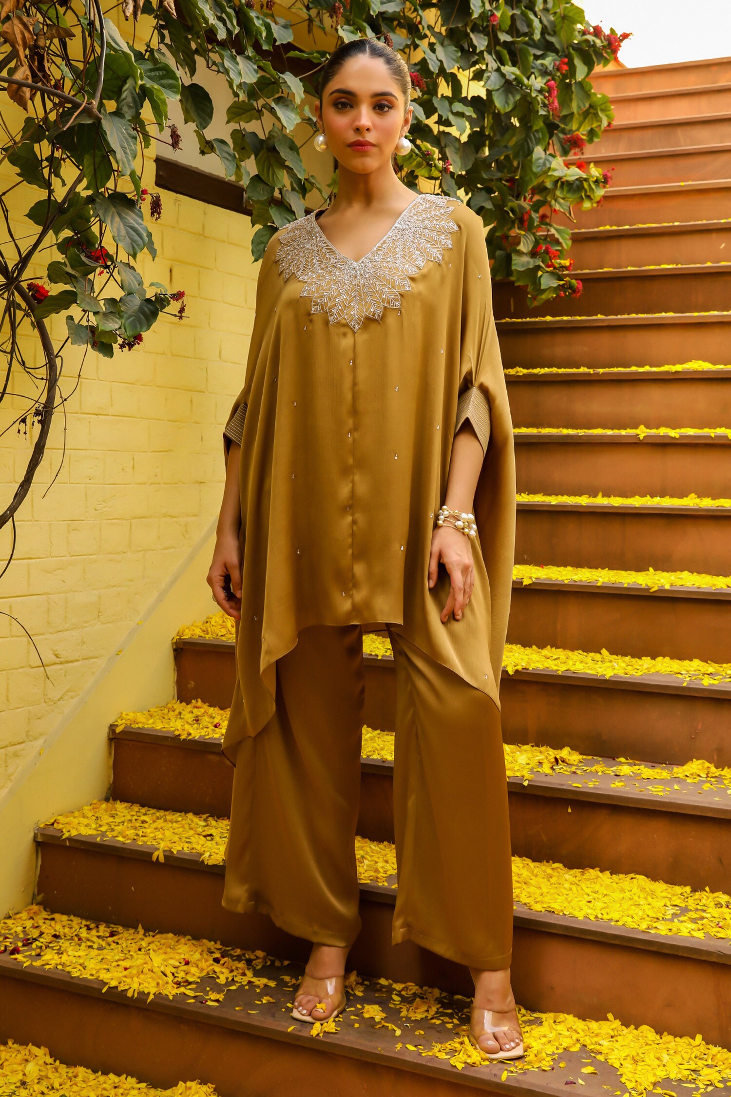 Buy Gold Chiffon Embroidery Dori V Neck Kaftan And Palazzo Set For ...
