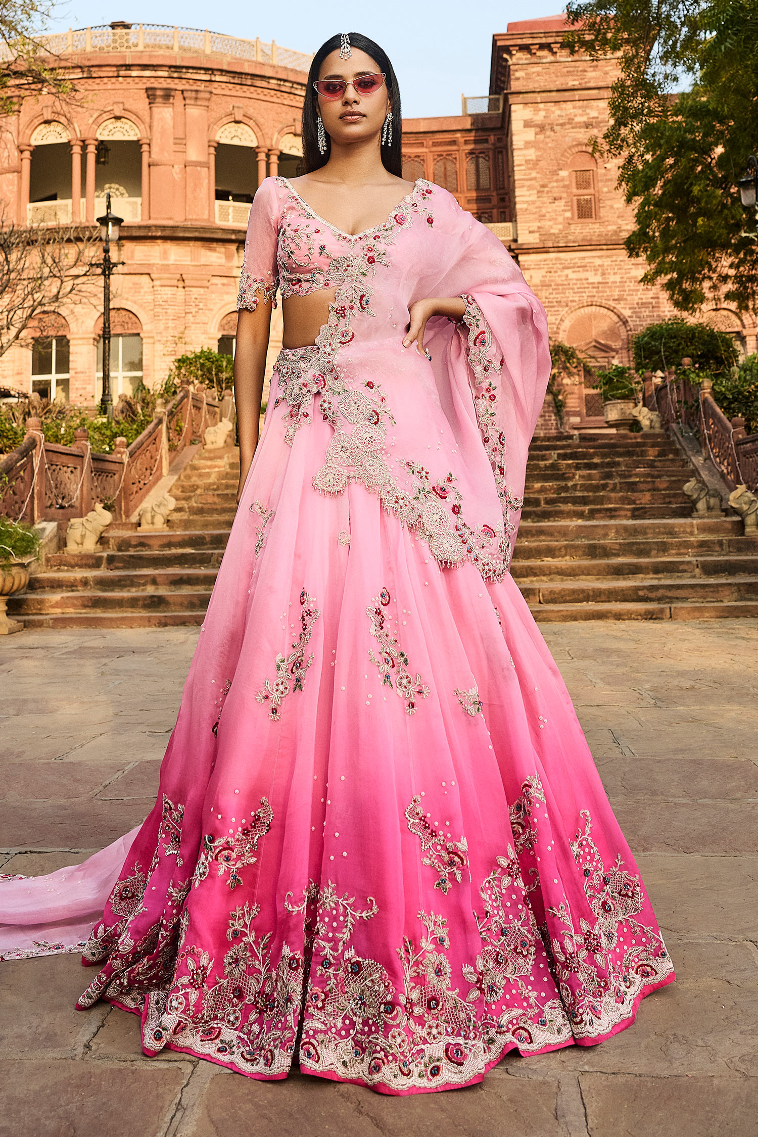 Buy Pink Chiffon Embroidery Floral V Neck Pearl Lehenga Set For Women ...