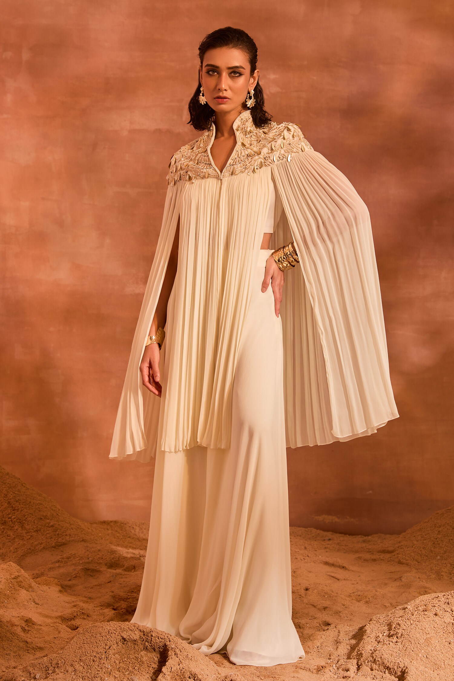 Buy Ivory Cape And Pant Georgette Embellished Cape Stand Alicia & Set ...