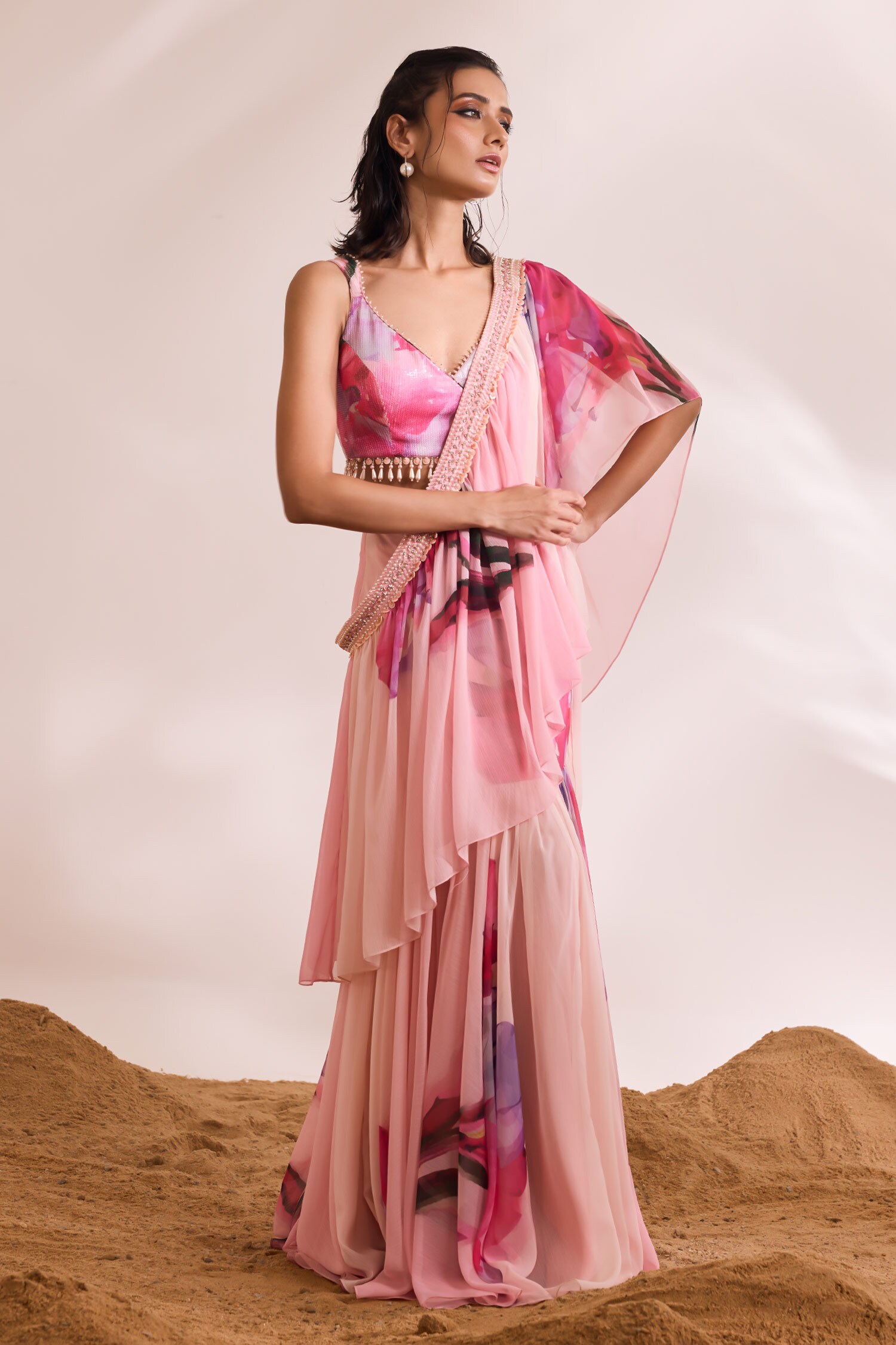 Buy Pink Blouse Sheeted Sequin Printed Fiona Pre-draped Saree With For ...