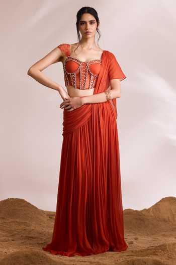 Buy Orange Crinkle Chiffon Ignis Concept Draped Saree With Corset ...