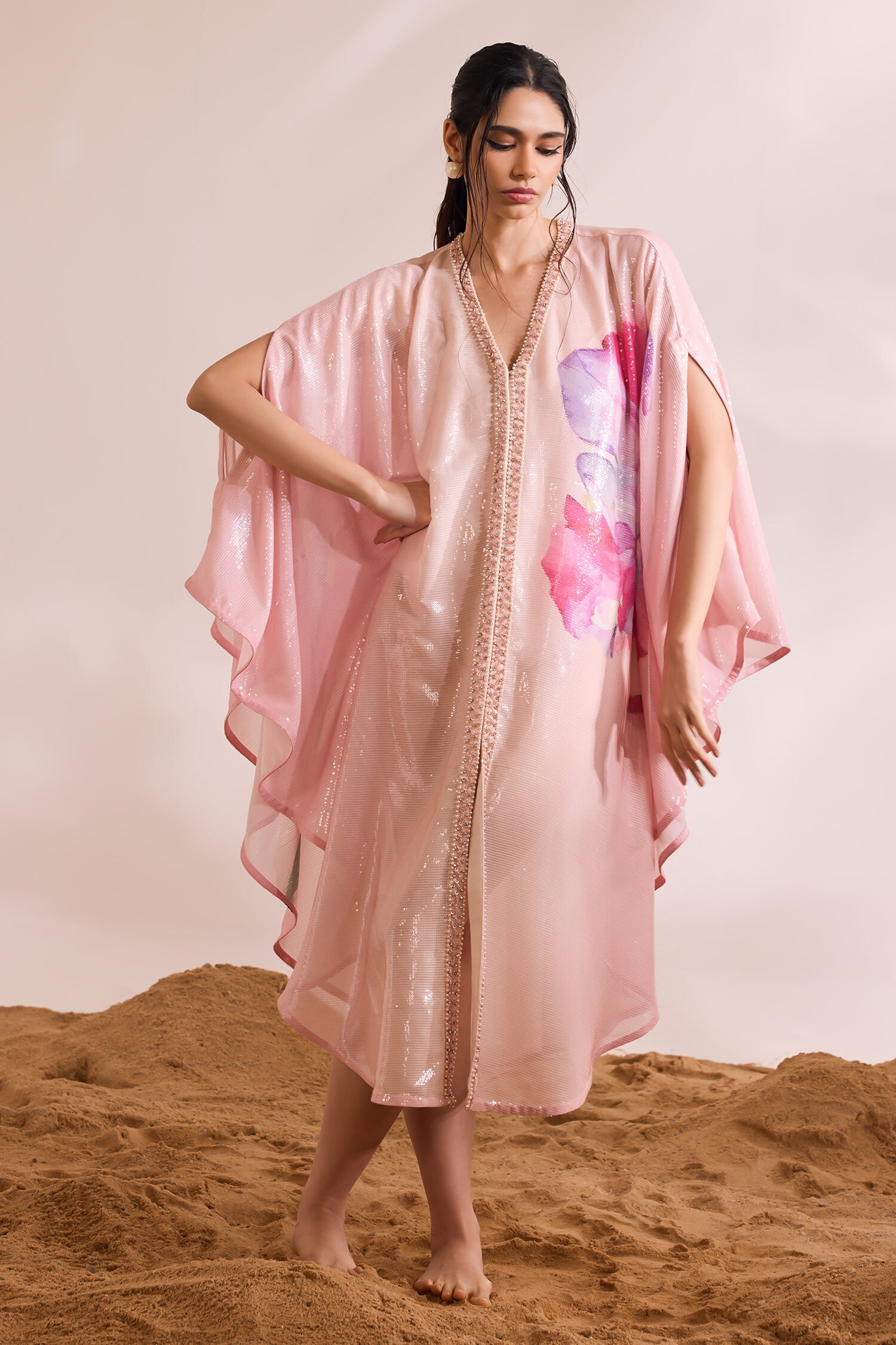 Buy Pink Kaftan Chiffon Printed Abstract Floral V Neck Zalie For Women ...