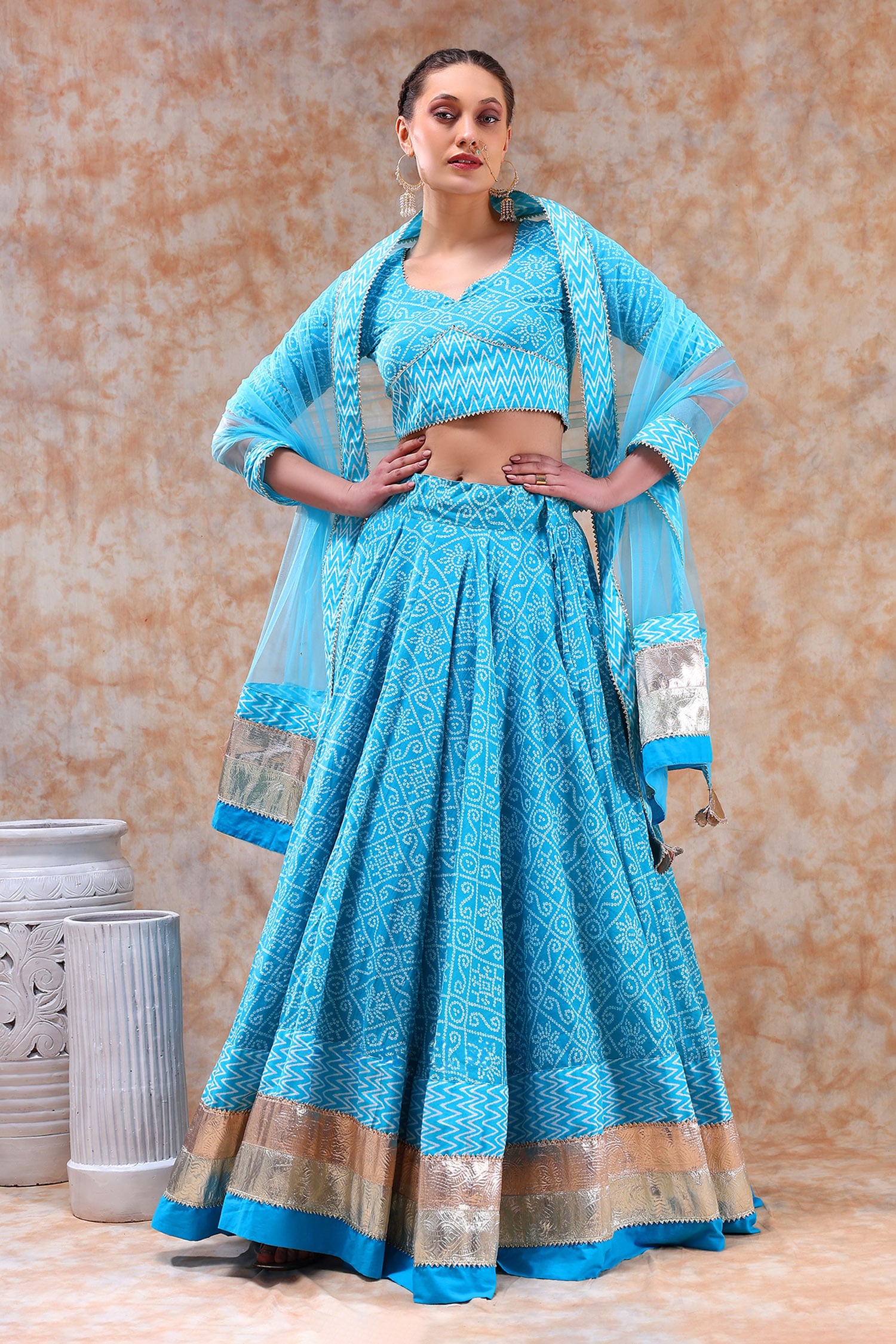 Buy Blue Lehenga And Blouse Cotton Printed Bandhani Leaf Neck Set For Women by POMCHA JAIPUR ...