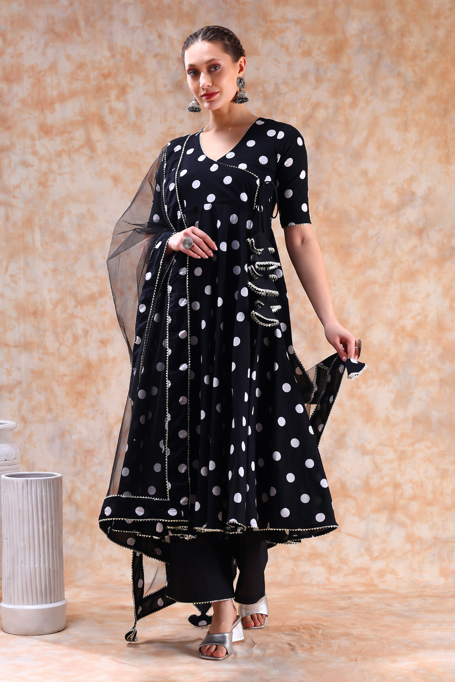 Buy Black Angrakha Anarkali And Pant Cotton Printed Polka Dot V Neck ...