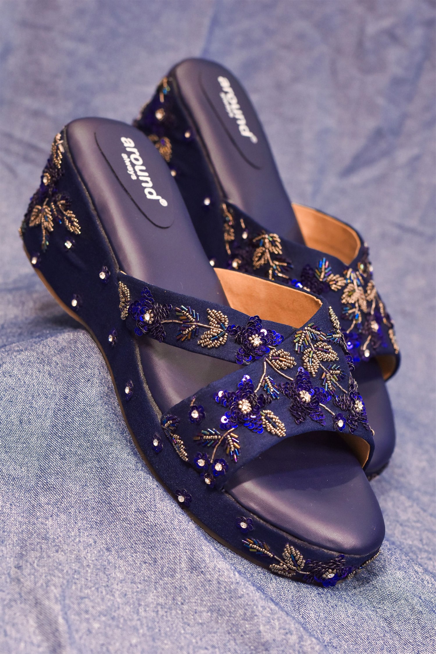 Buy Blue Bead Floral Embroidered Wedges by AROUND ALWAYS Online at Aza ...