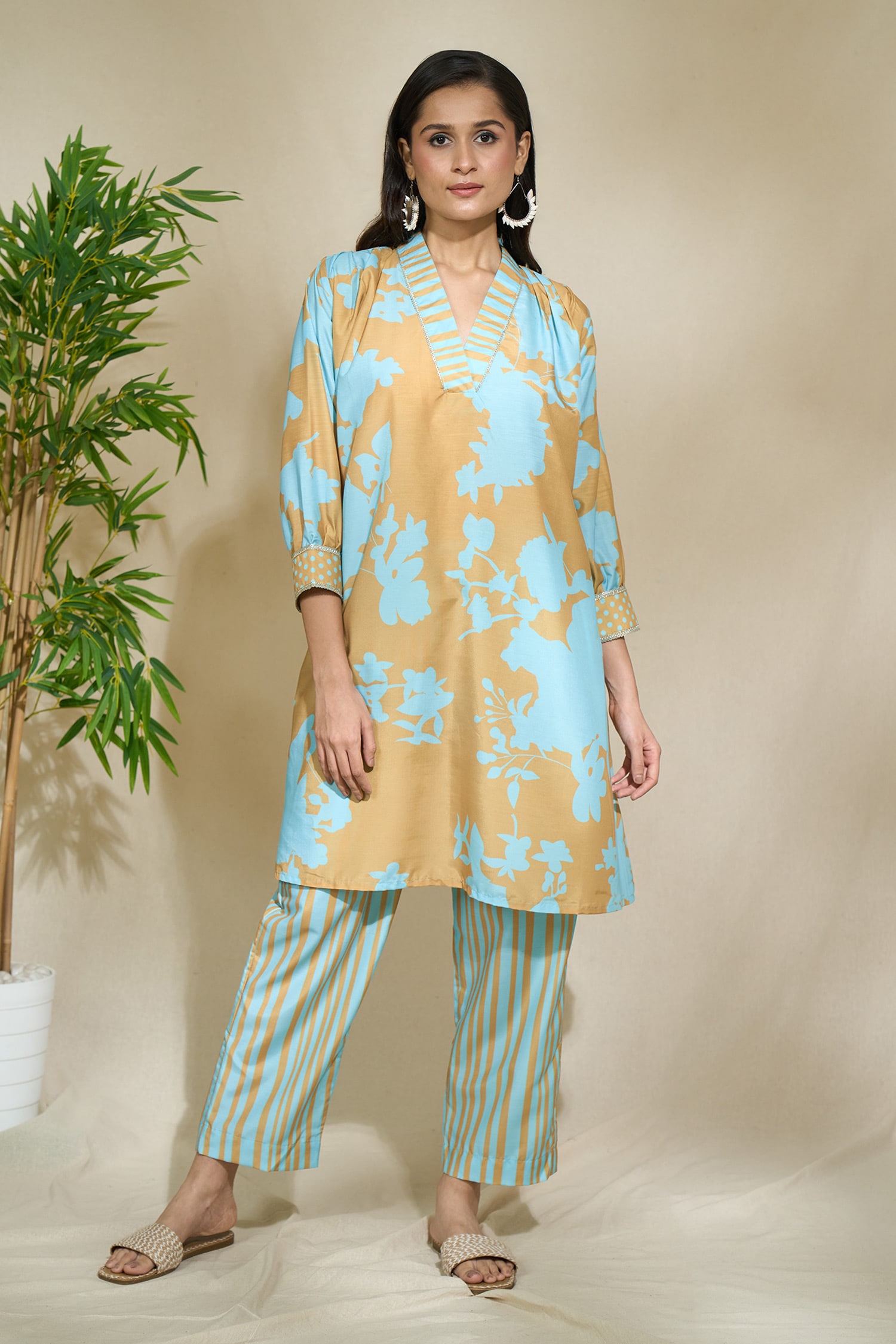 Buy Yellow Cambric Muslin Cotton Printed Striped Foliage Kurta With ...