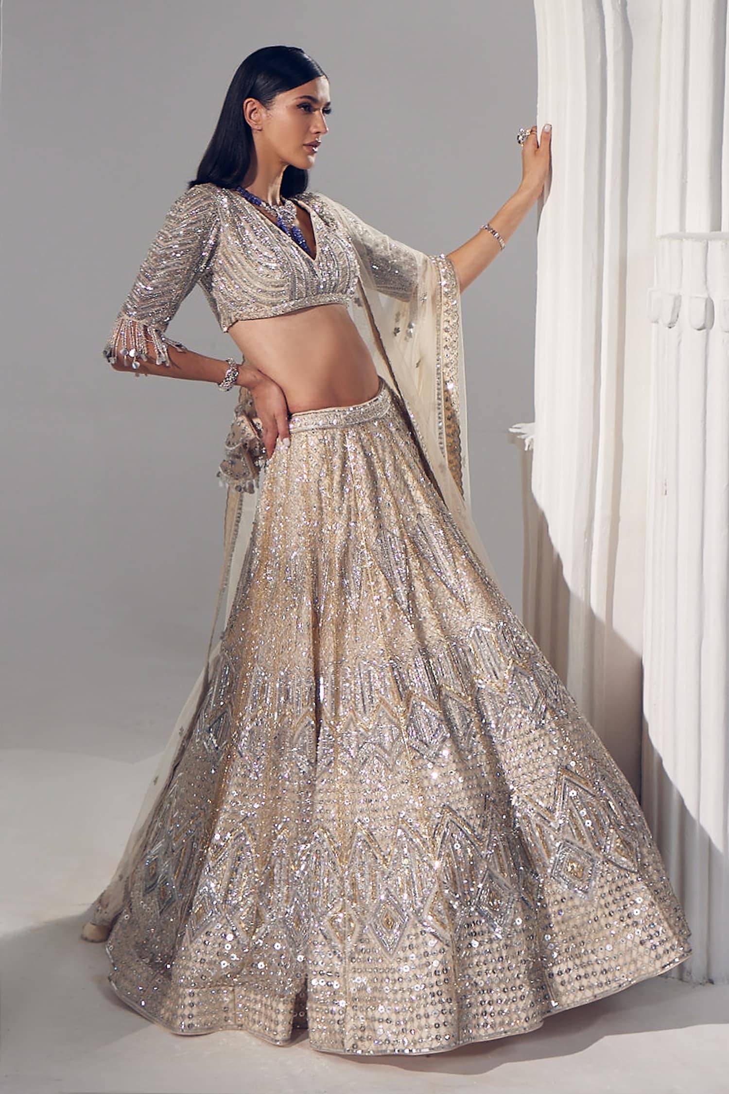 Buy Ivory Net Embroidered Sequin V Neck Lehenga Set For Women By