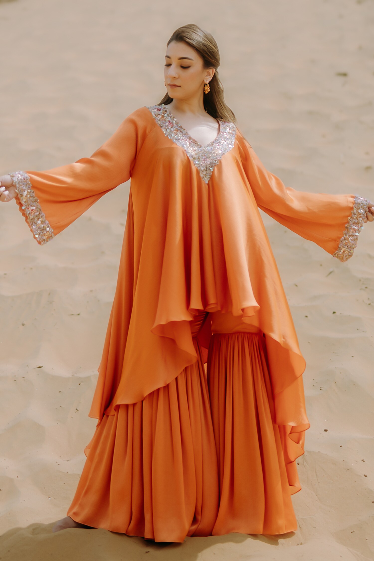 Buy Orange Satin Chiffon Embroidered Scatter High Low Kurta Sharara Set ...