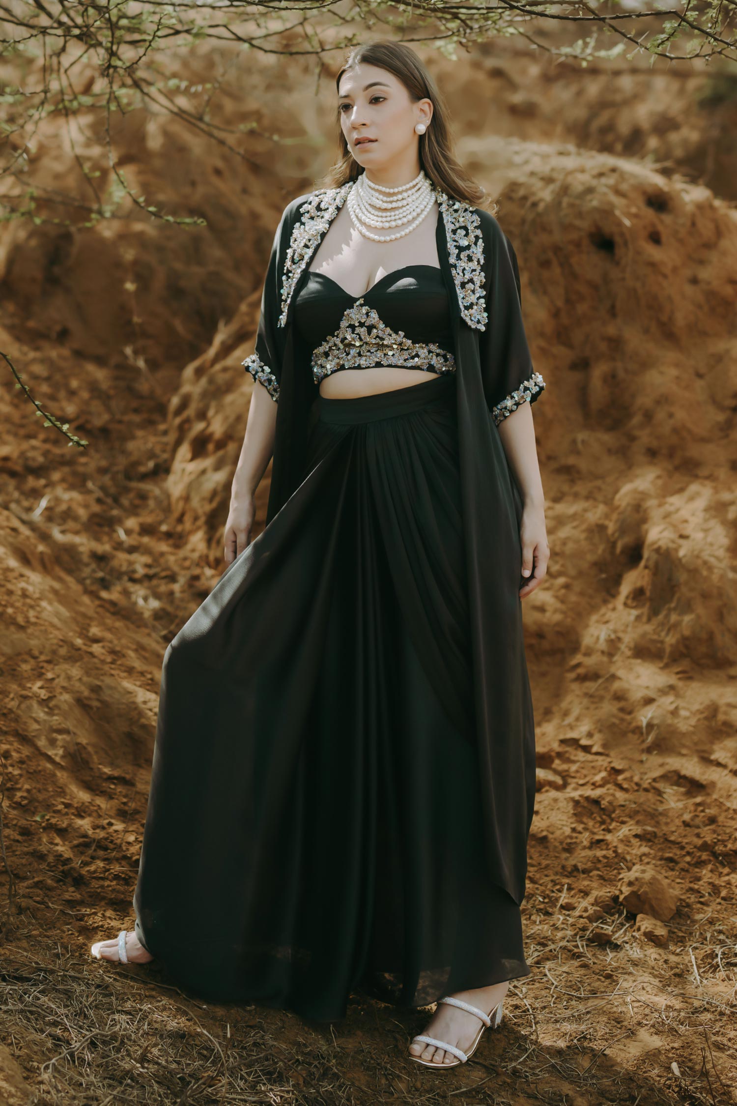 Buy Black Satin Chiffon Embroidered Sequin Scatter Cape Skirt Set For ...