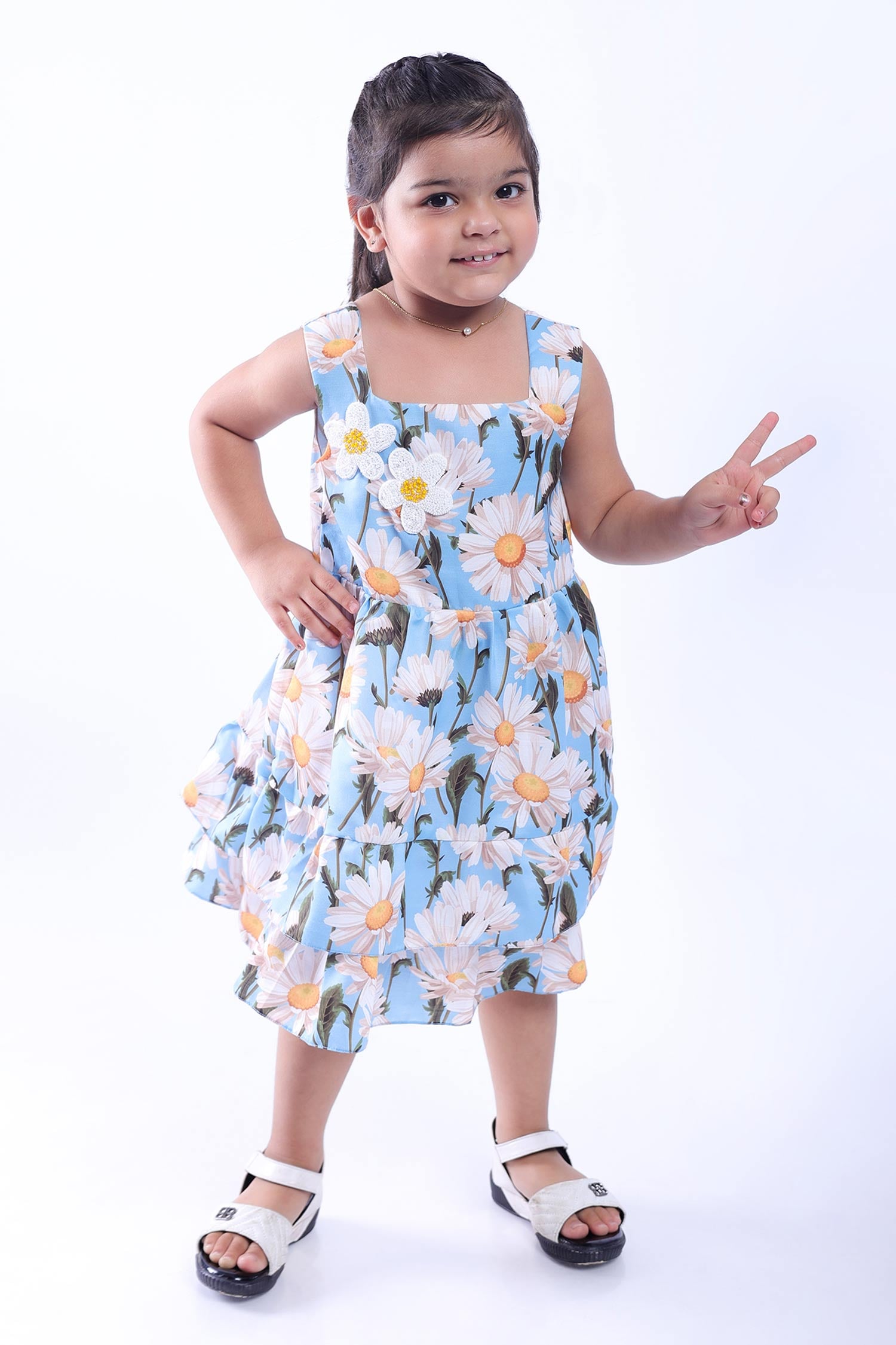 Buy Blue Cotton Blend Printed Daisy Double Layer Dress For Girls by LA ...