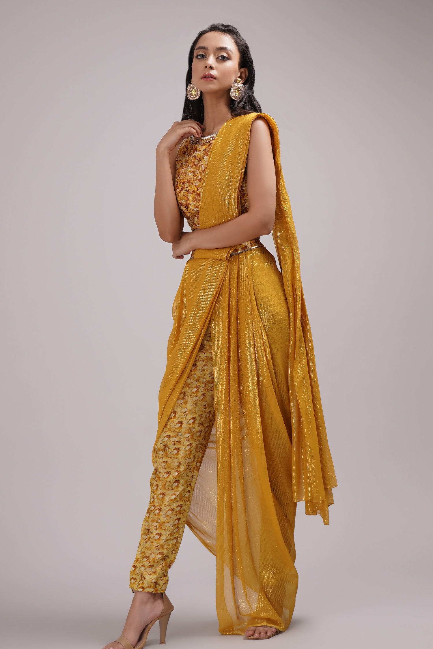 Buy Yellow Upada Silk Printed Rose Lace Pant Cowl Saree Set With Blouse ...