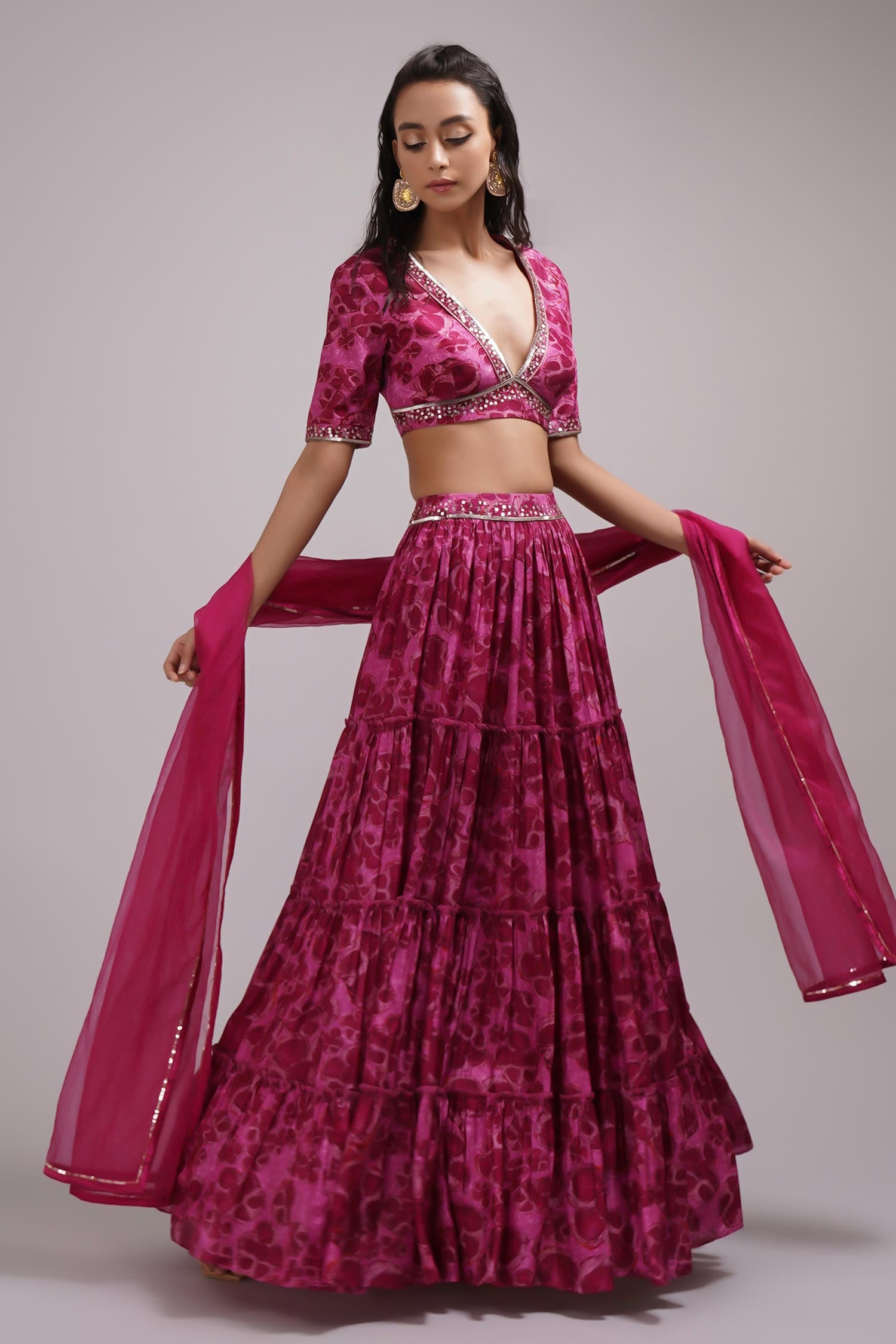 Buy Purple Upadha Silk Print Abstract V Neck Chrisoula Lehenga Set For ...