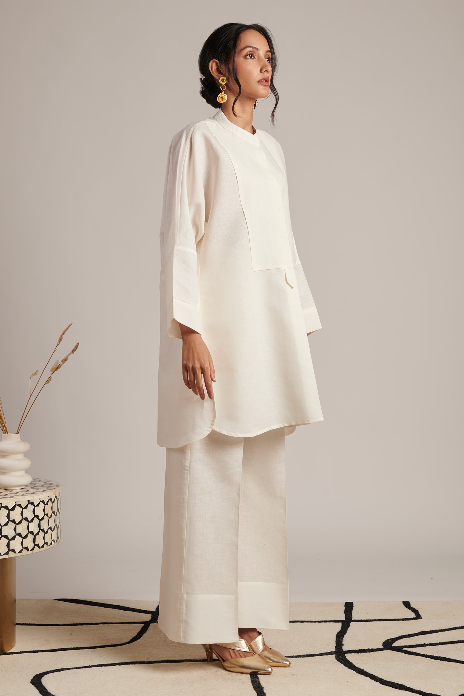 Buy Off White 100% Pure Linen Nirvana Pearl Tunic And Trouser Co-ord Set For Women by Moh India ...