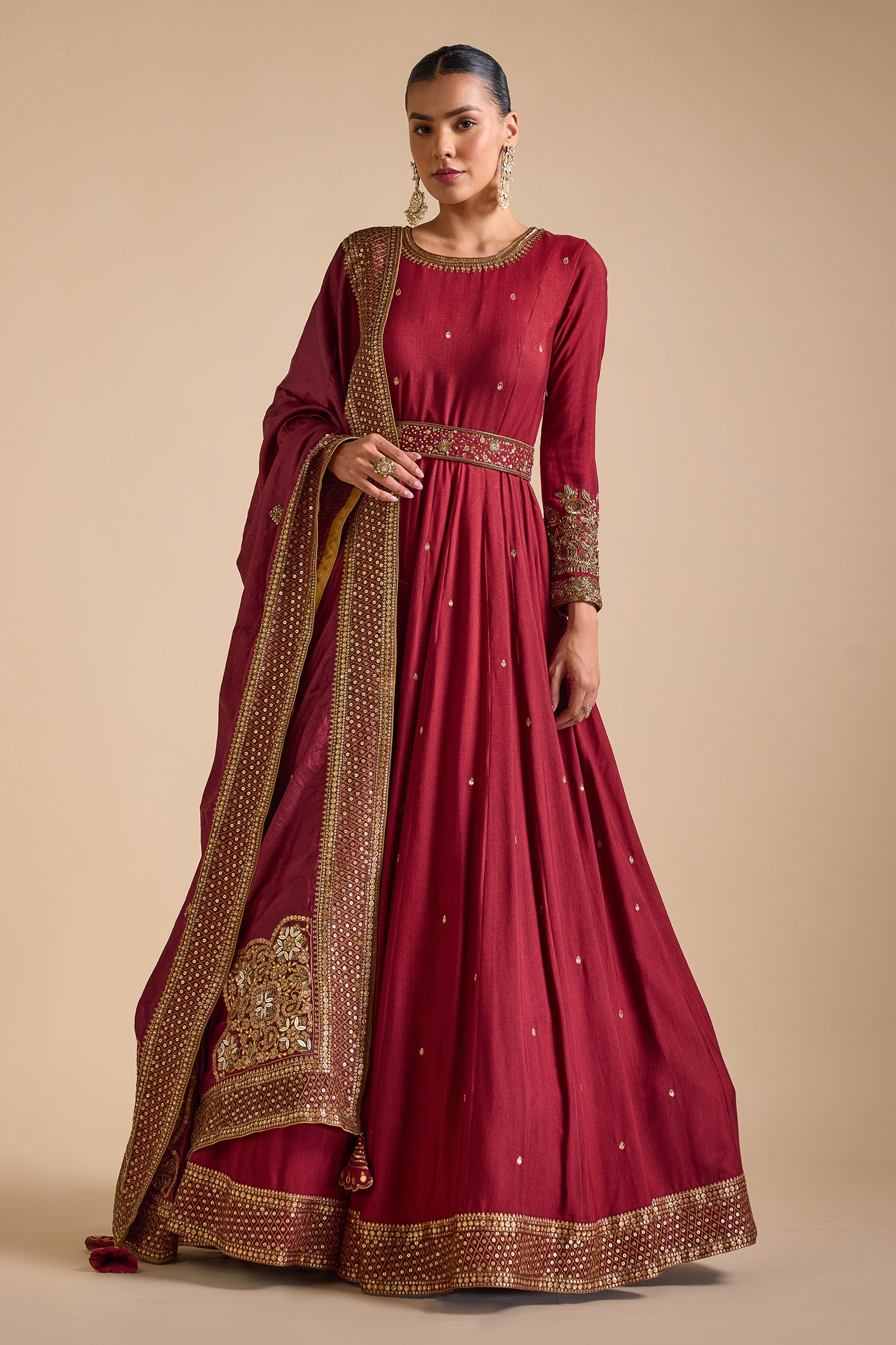 Buy Maroon Anarkali Blended Tussar Sequin Embellished Border Set For ...