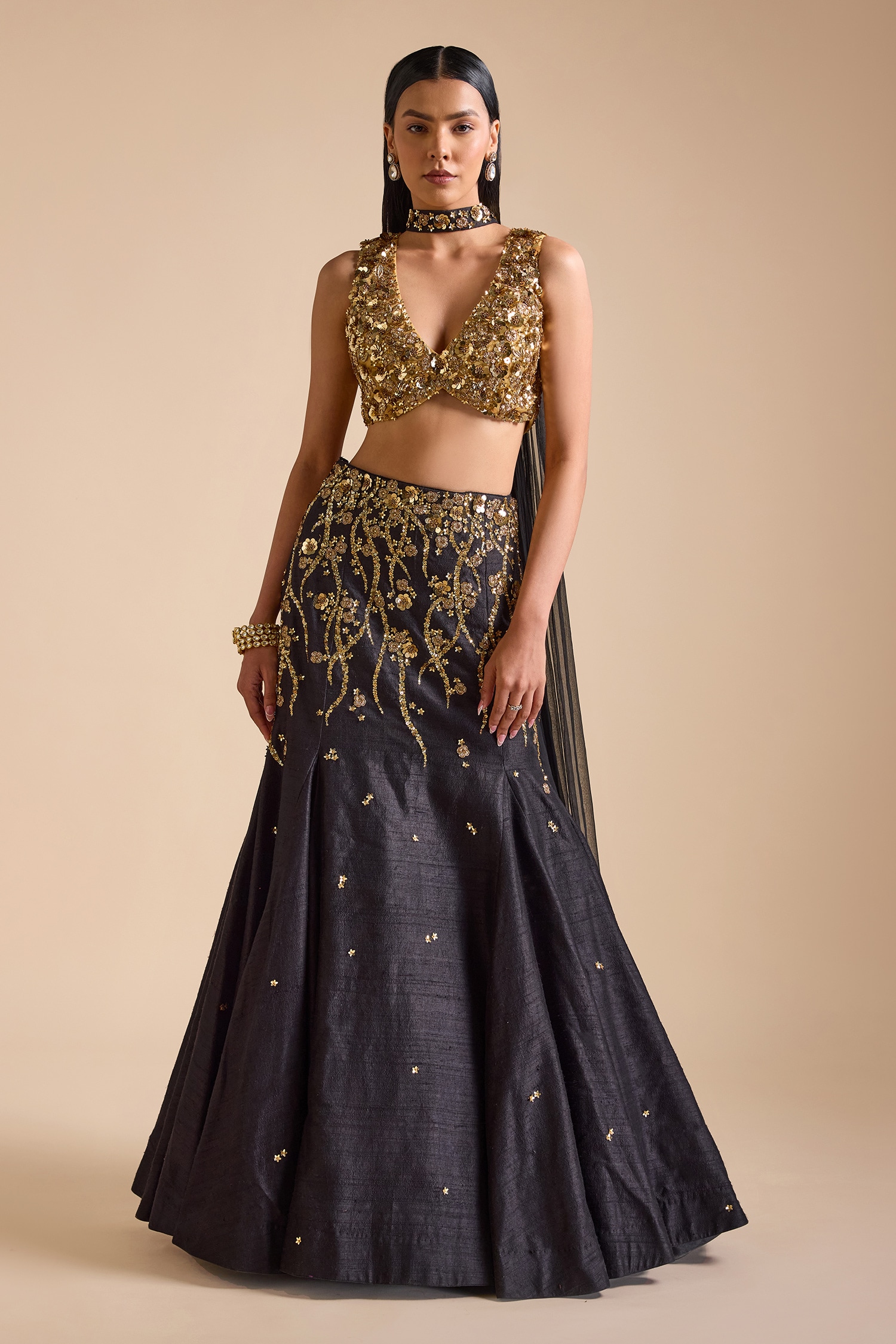 Buy Black Blouse Net Embroidery Sequin Floral Vine Mermaid Lehenga Set ...