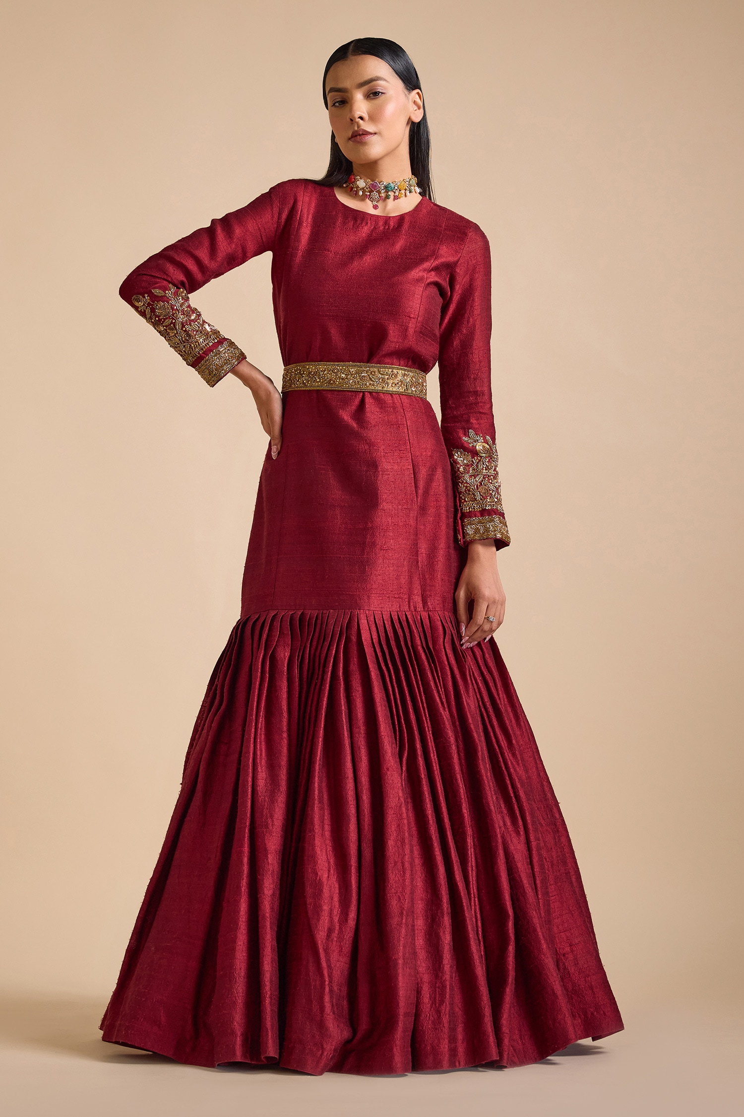 Buy Maroon Silk Embroidery Sequin Round Embellished Sleeves Mermaid ...