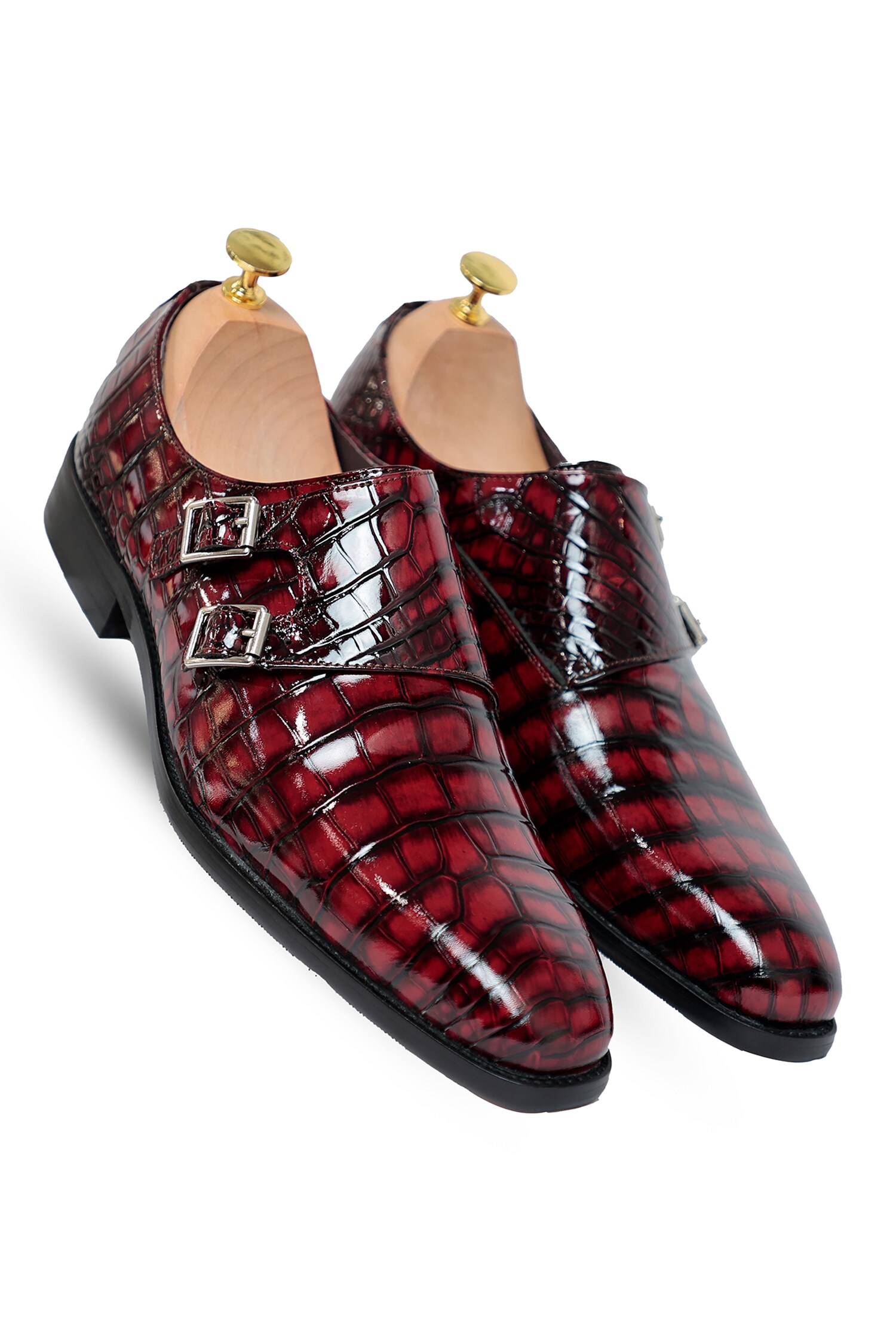 Buy Wine Crocodile Textured Mendora Patent Monk Shoes For Men by ...