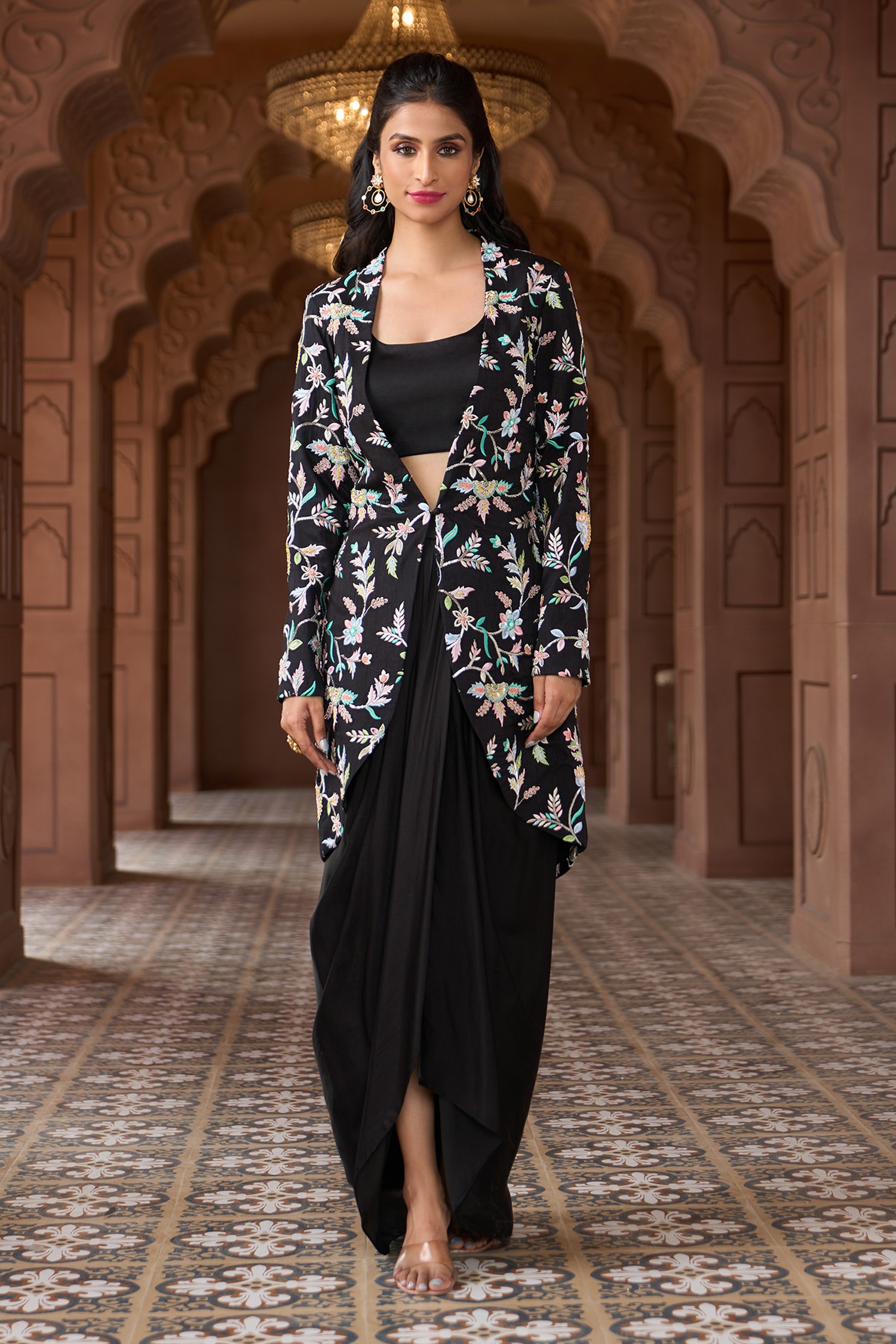 Buy Black Bustier And Skirt Modal Satin Embroidered Jacket & Draped Set ...