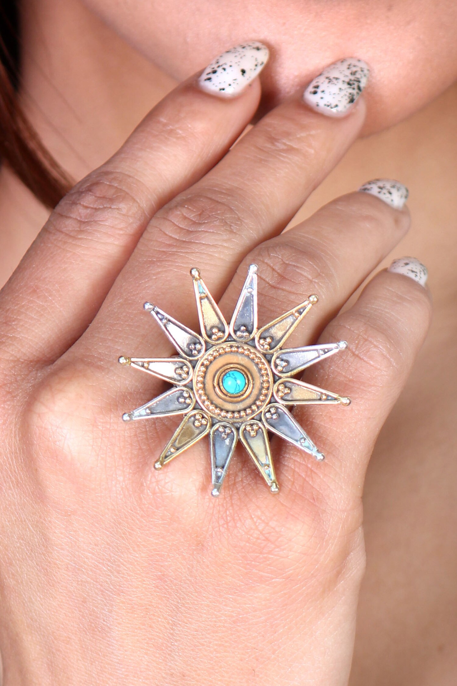 Buy Gold Plated Stone Dual Sun Floral Ring by Noor Online at Aza Fashions.