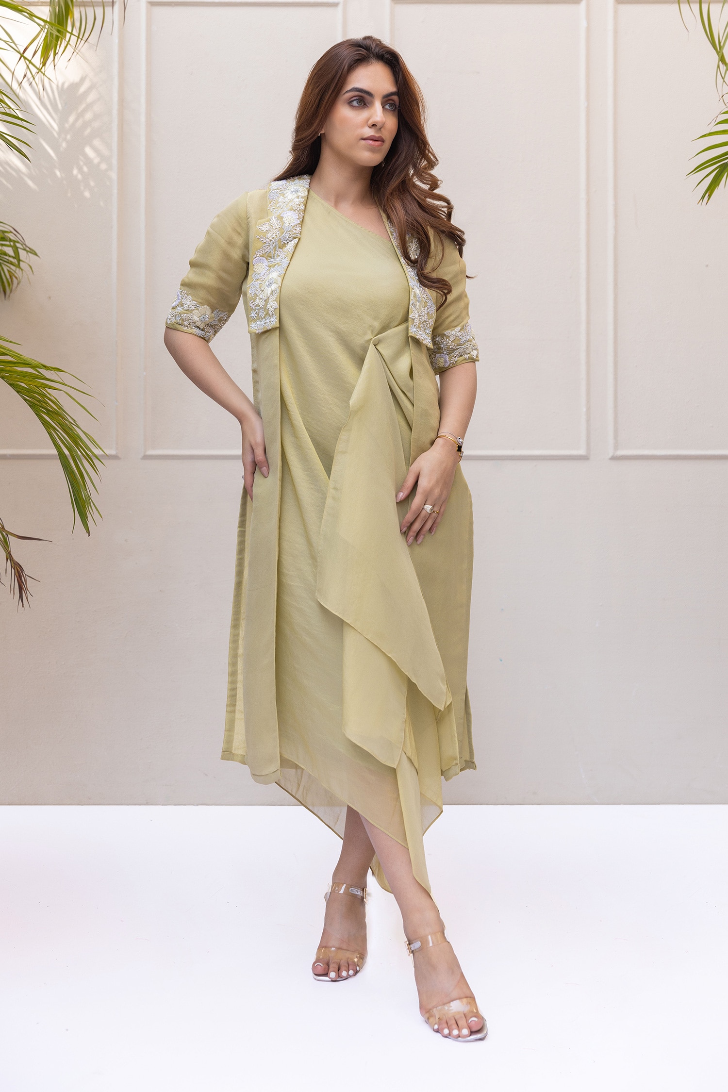 Buy Green Bemberg Silk Embroidered Thread With Asymmetric Inner Dress ...