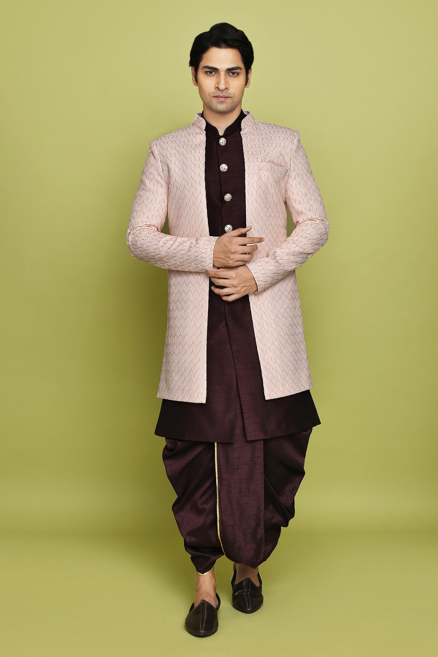 Buy Pink Sherwani Brocade Anokhi Chevron Pattern Dhoti Set For Men by ...