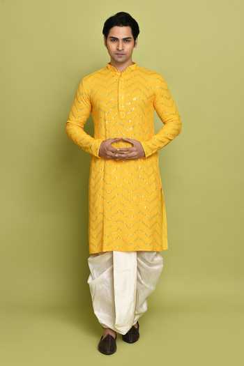Buy Yellow Dhoti Pant Dupion Art Silk Chevron Embroidered Kurta With ...