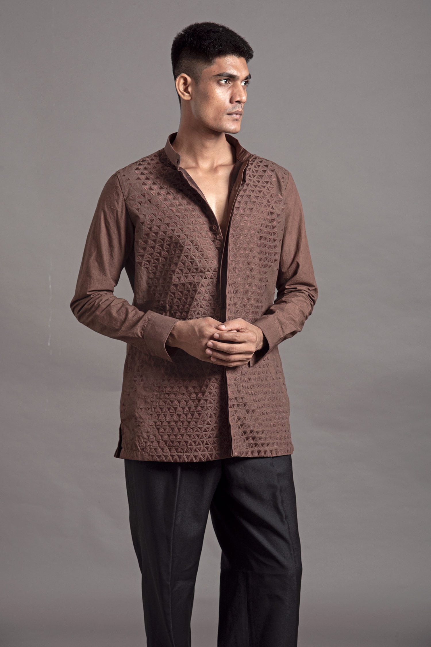 Buy Brown Cotton Embroidered Thread Shirt For Men by Arun verma Online ...