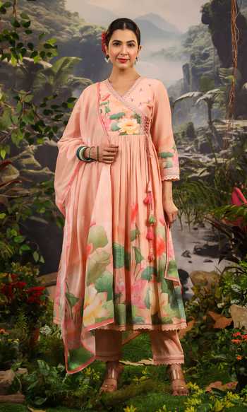 Buy Peach Mulmul Print Floral V Neck Bloom Angarkha Anarkali Pant Set ...