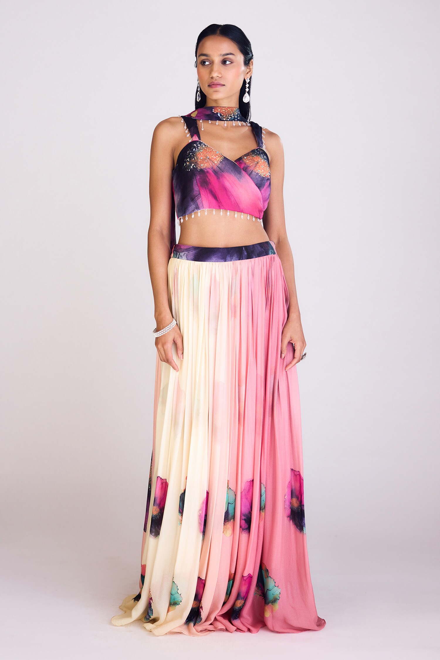 Buy Pink Chinon Print Floral Sweetheart Neck Two Tone Lehenga Set For ...