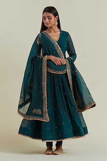 Buy Blue Chanderi Embroidered V Neck Sequin Gathered Anarkali Churidar ...