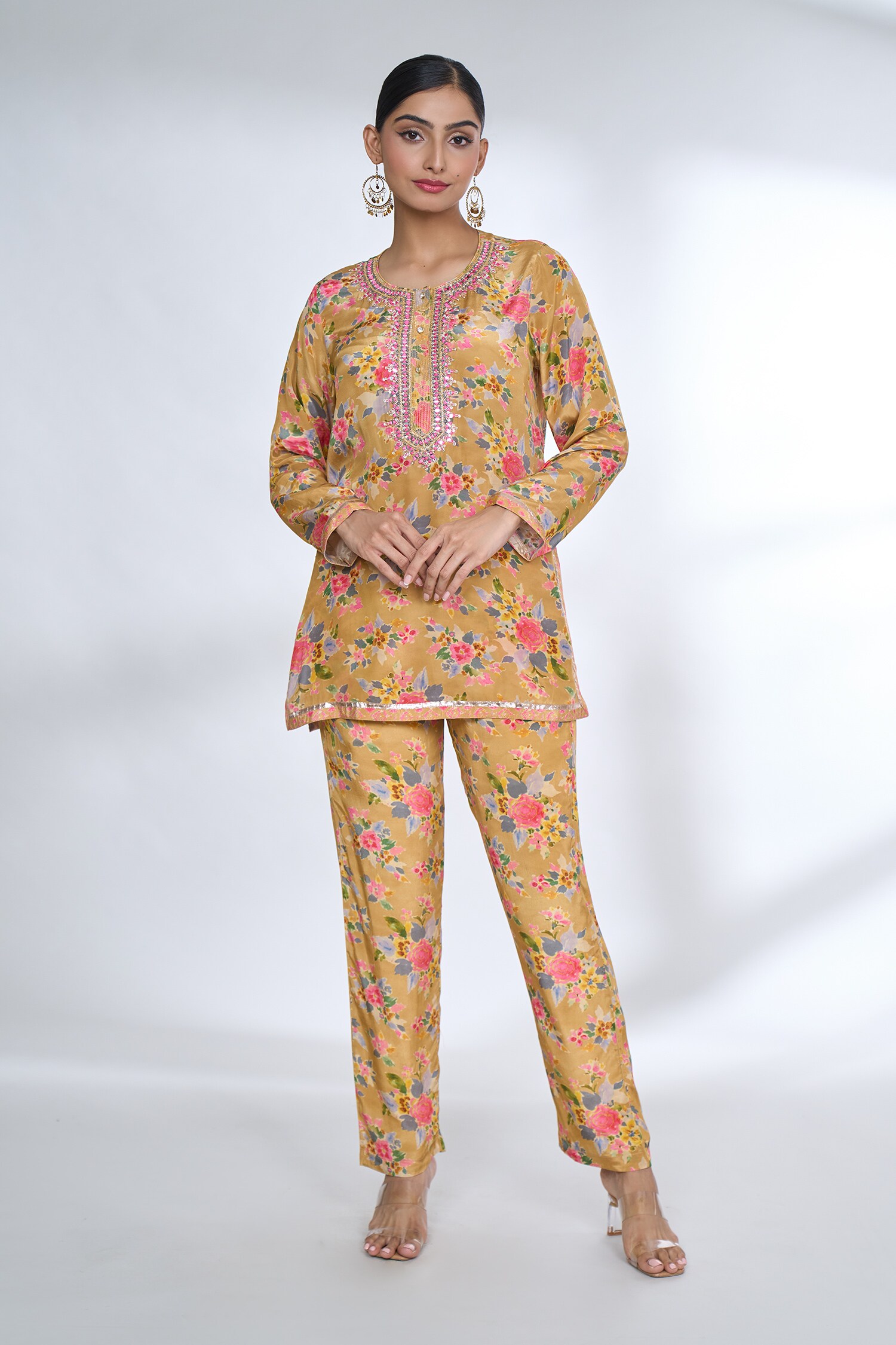Buy Pink Cotton Silk Printed Floral Round Pattern Pant Co-ord Set For ...