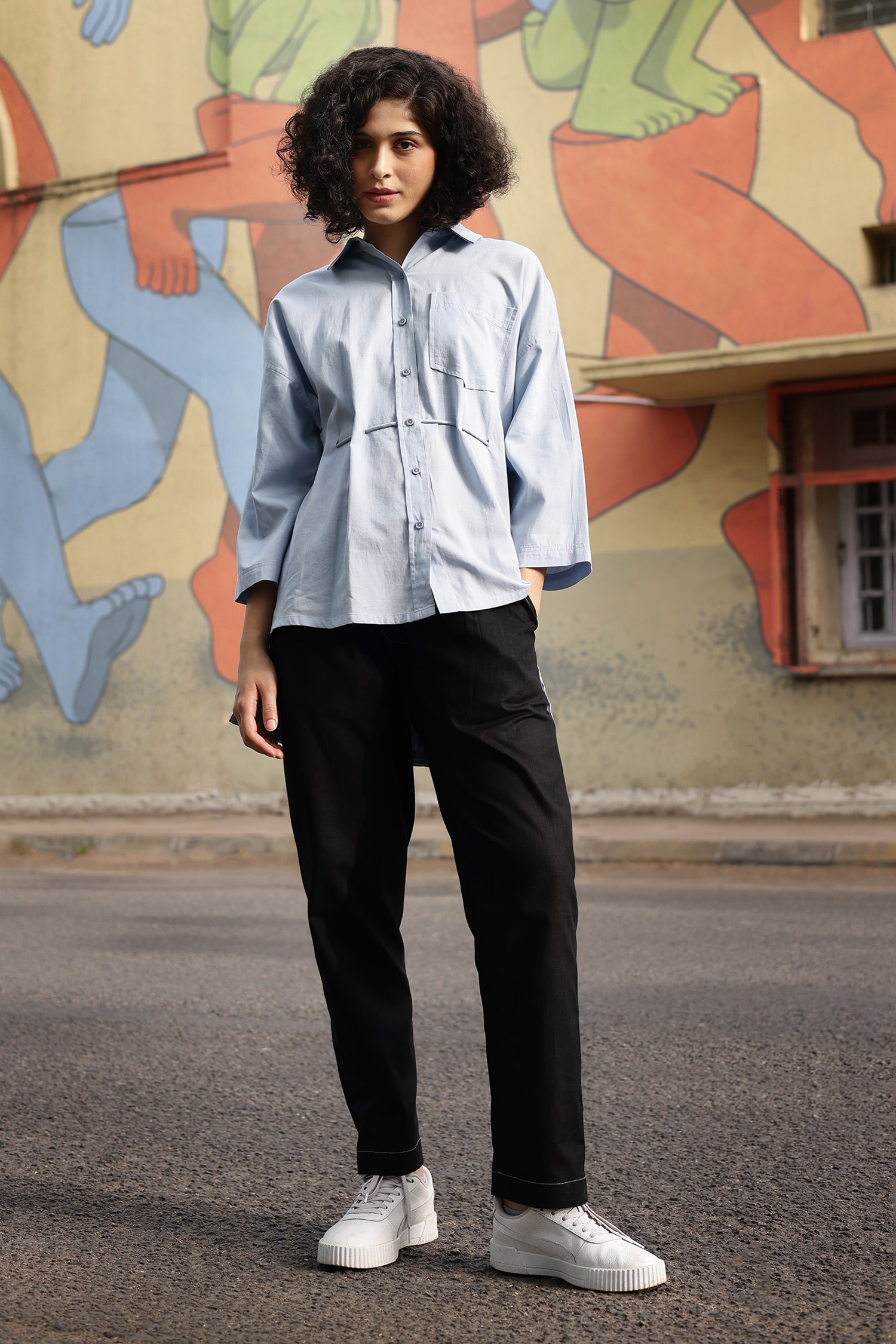 Buy Blue Cotton Stain Embellished Dori Collared Figuring Front Placket ...