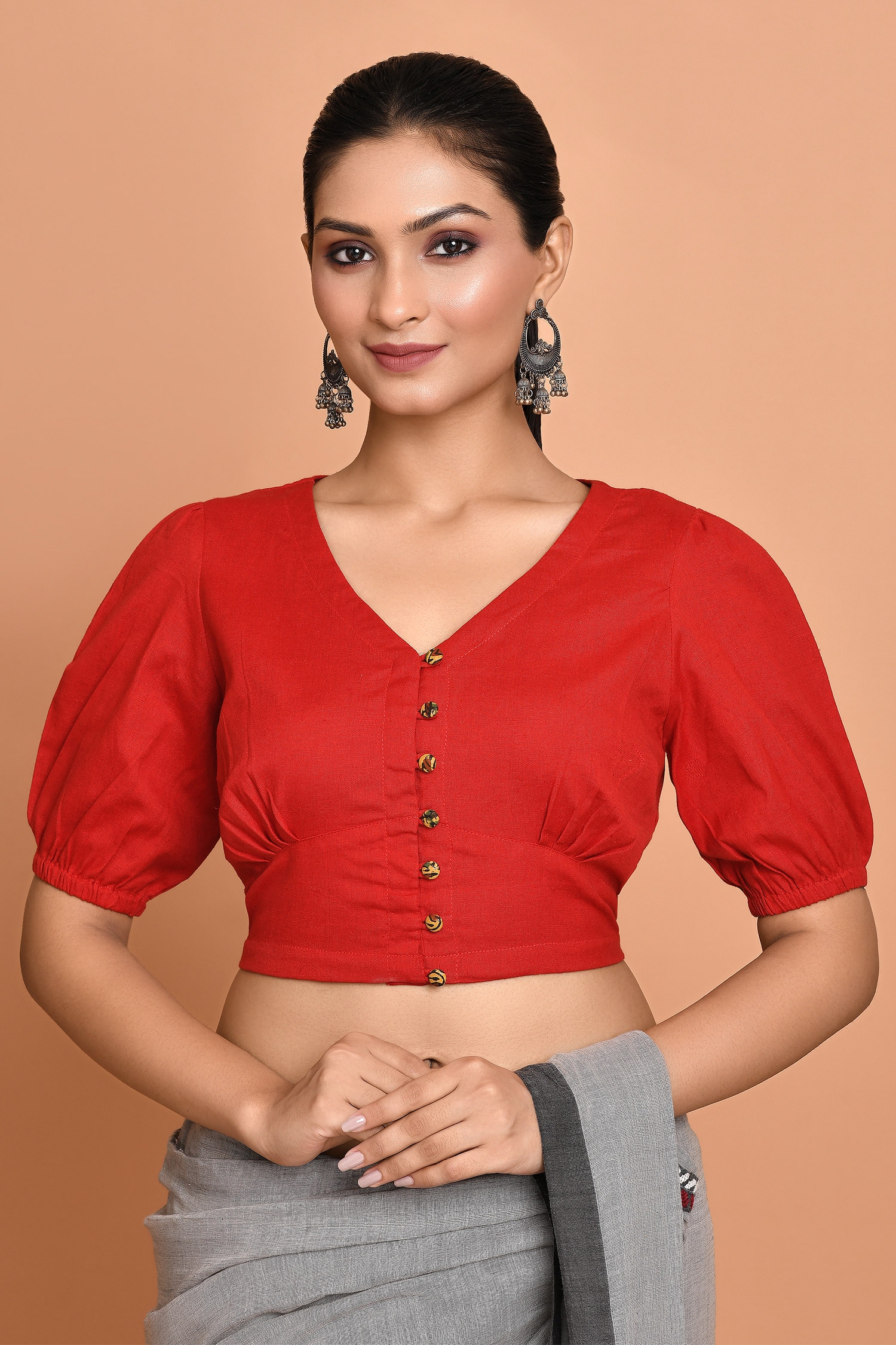 Buy Red Cotton Solid V-neck Puff Sleeve Saree Blouse For Women by ...