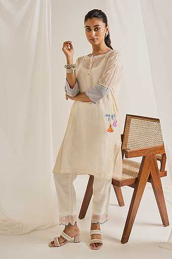Buy Off White Kurta Chanderi Embroidery Tulip Bird Round Neck Paradise ...