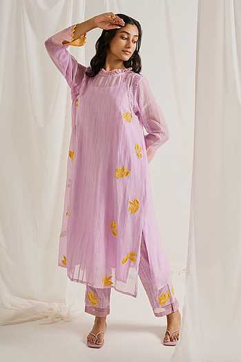 Buy Purple Kurta Chanderi Embroidery Leafy Luna Paradise Patchwork With ...