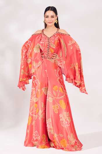 Buy Pink Shimmer Georgette Printed Botanical V Neck Jumpsuit With Bag ...