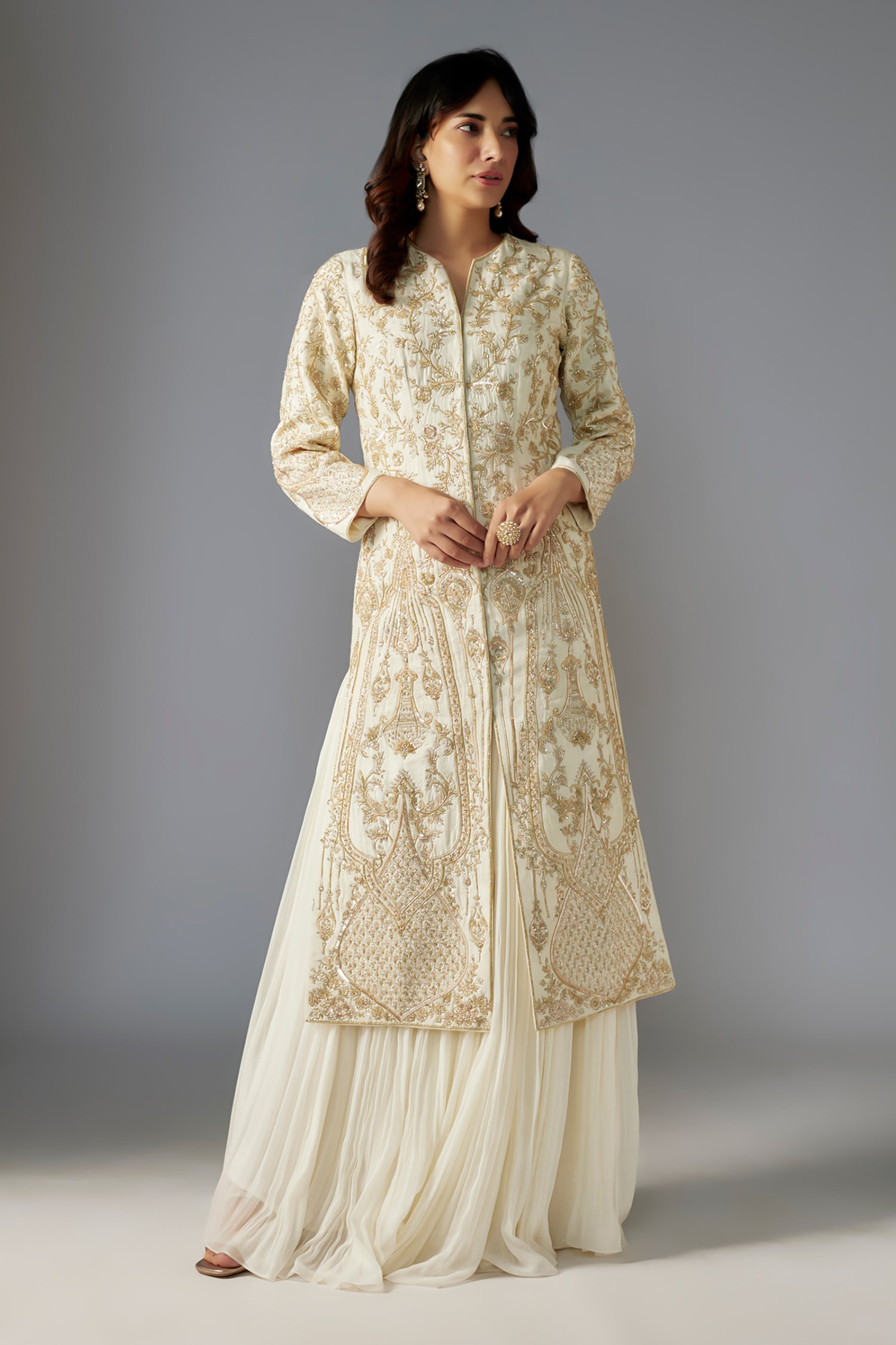 Buy Ivory Skirt Georgette Embellished Bead Notched Floral Swirl Long ...