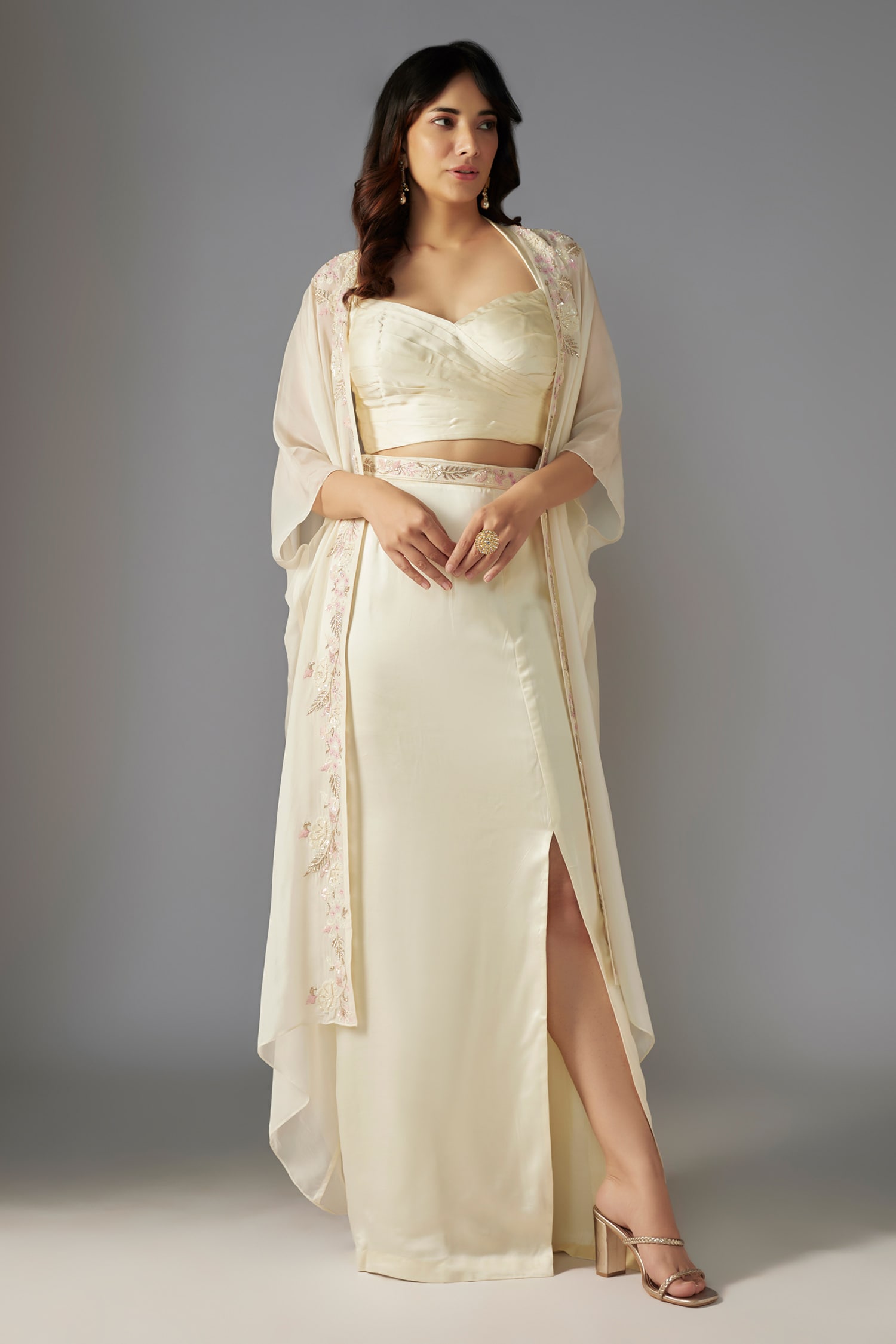 Buy Ivory Skirt Modal Satin Embellished Bead Cape Open Sequin Slit Set ...