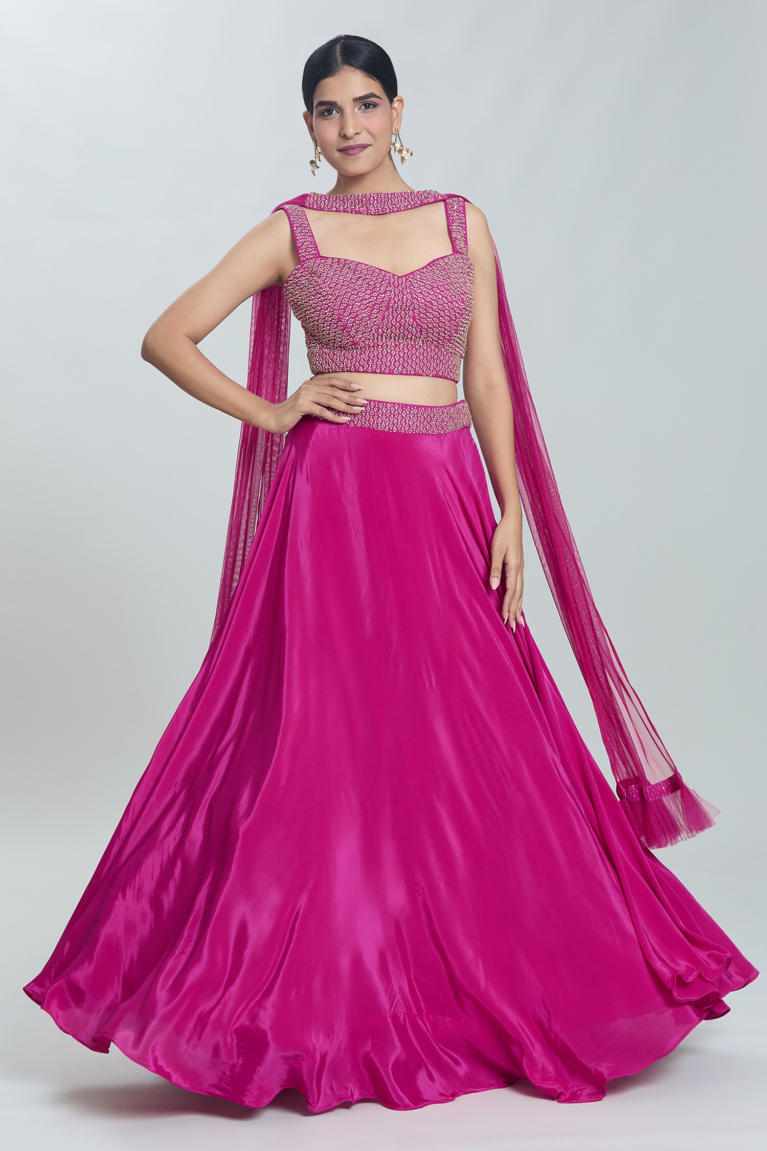 Buy Pink Crepe Embroidered Cutdana Sweetheart Flared Waistline Lehenga ...