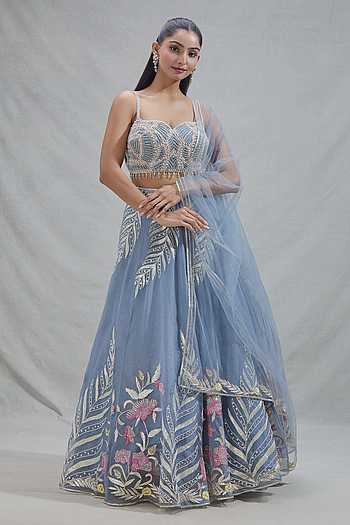 Buy Grey Net Embroidery Floral Sweetheart Neck Flower Vine Lehenga Set ...