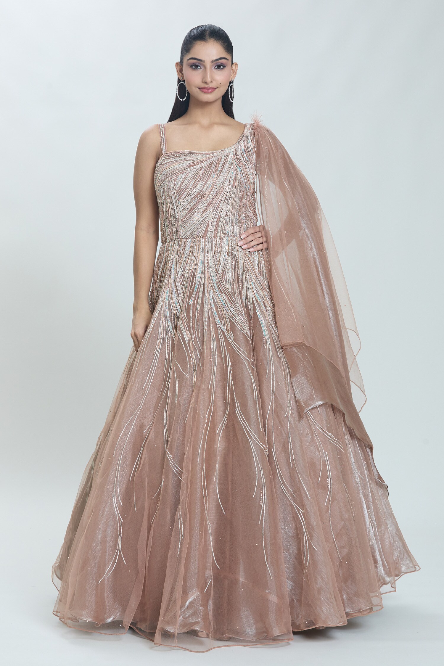 Buy Brown Tissue Embroidery Sequin One Shoulder Neck Celeste Wave Gown ...