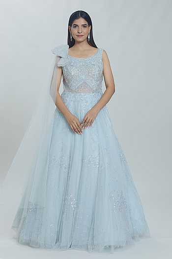 Buy Blue Net Embroidery Sequin Round Neck Blossom Embellished Gown For ...
