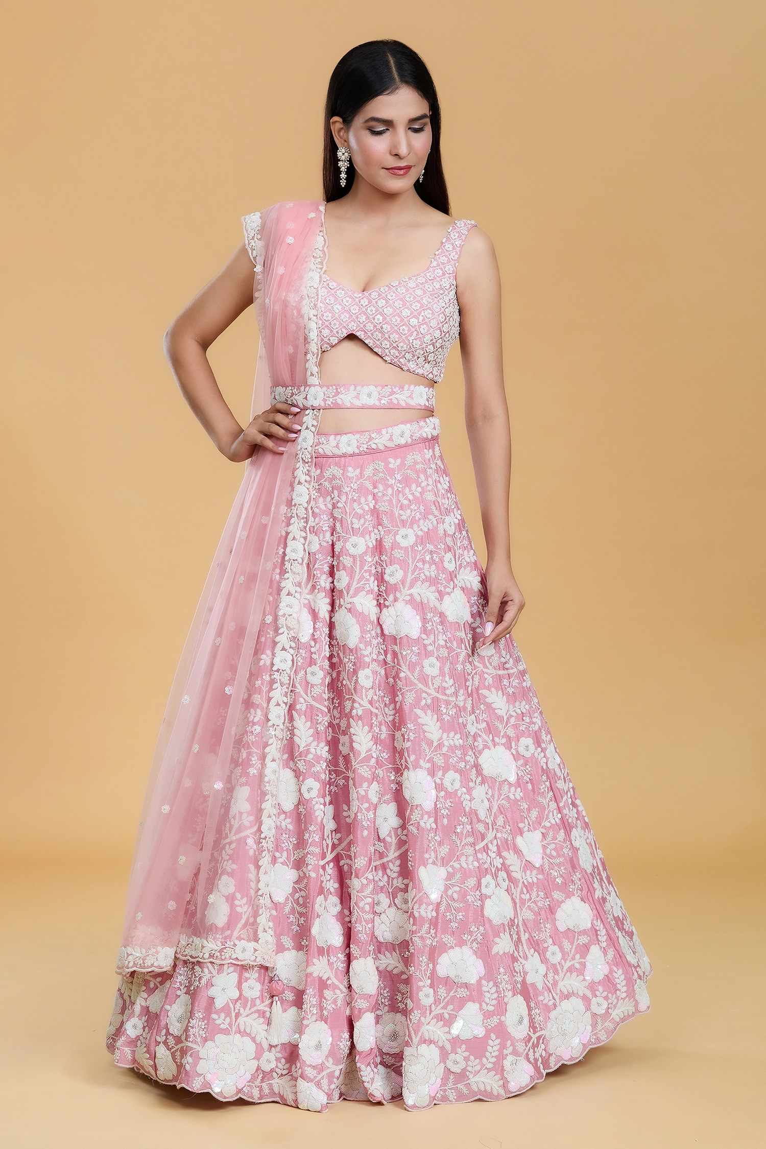 Buy Pink Poly Georgette Embroidery Floral Flower Bloom Sequin Lehenga ...