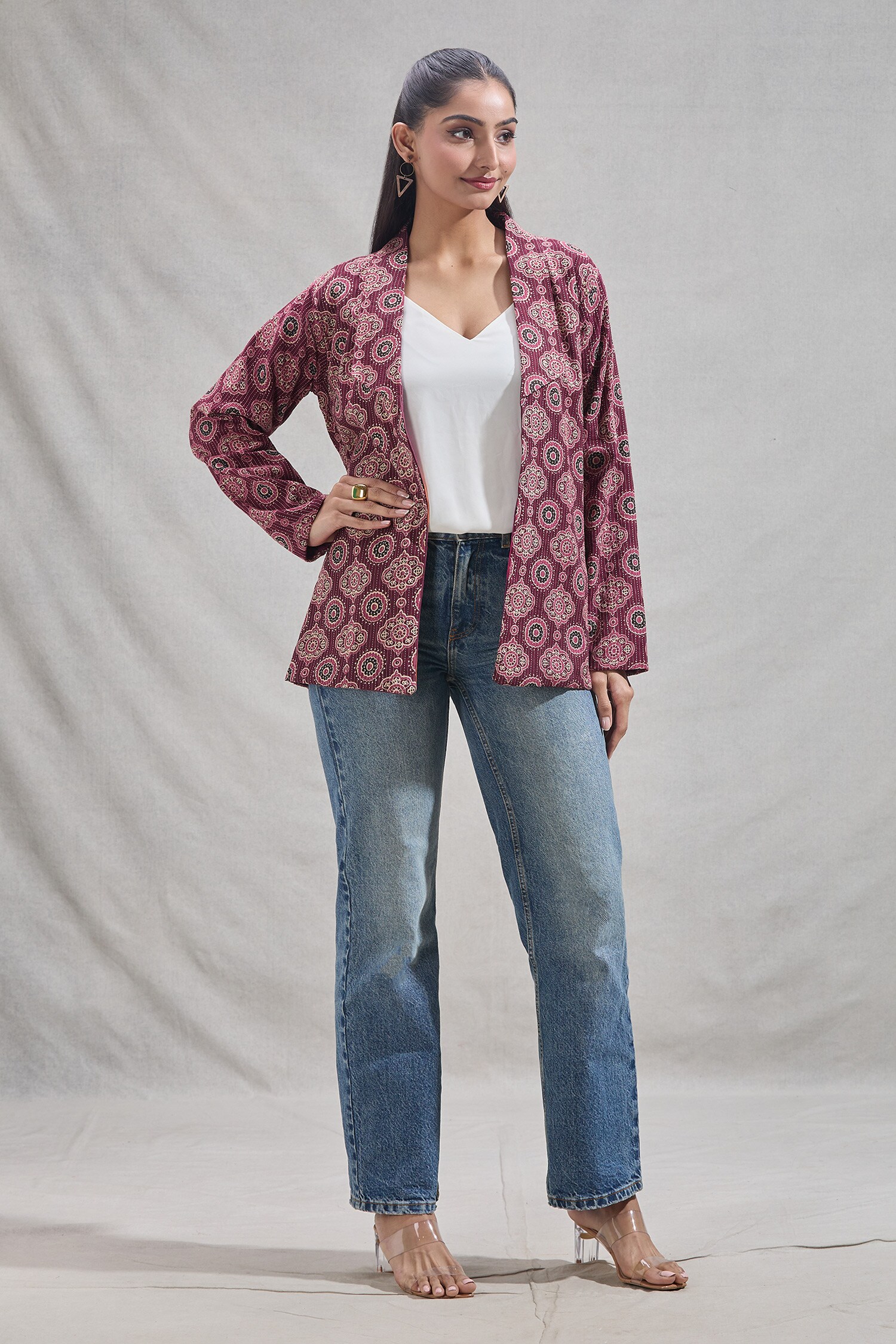 Buy Purple Modal Cotton Printed Floral Open Jacket For Women by ...