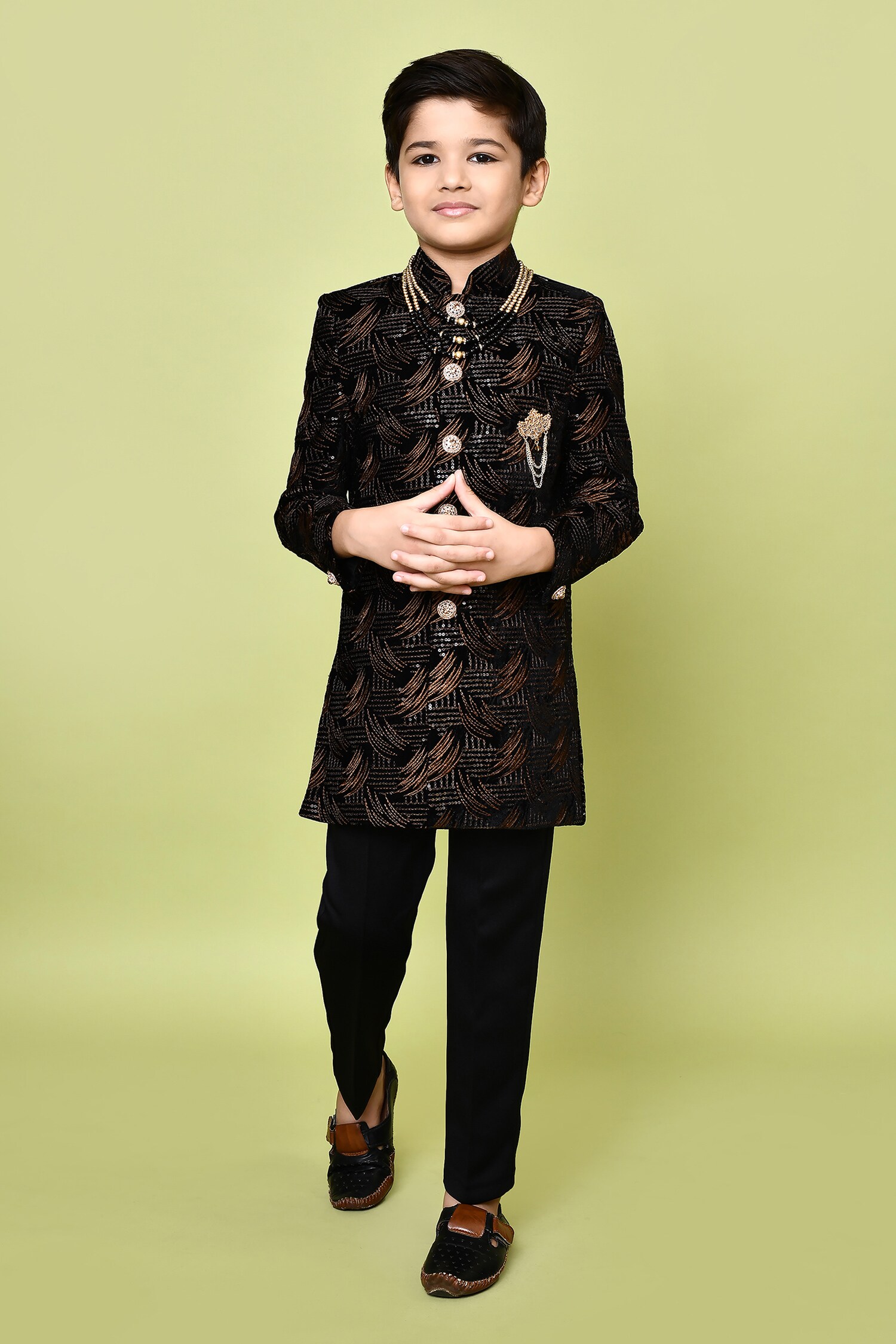 Buy Black Sherwani Velvet Embroidered Thread And Trouser Set For Boys ...